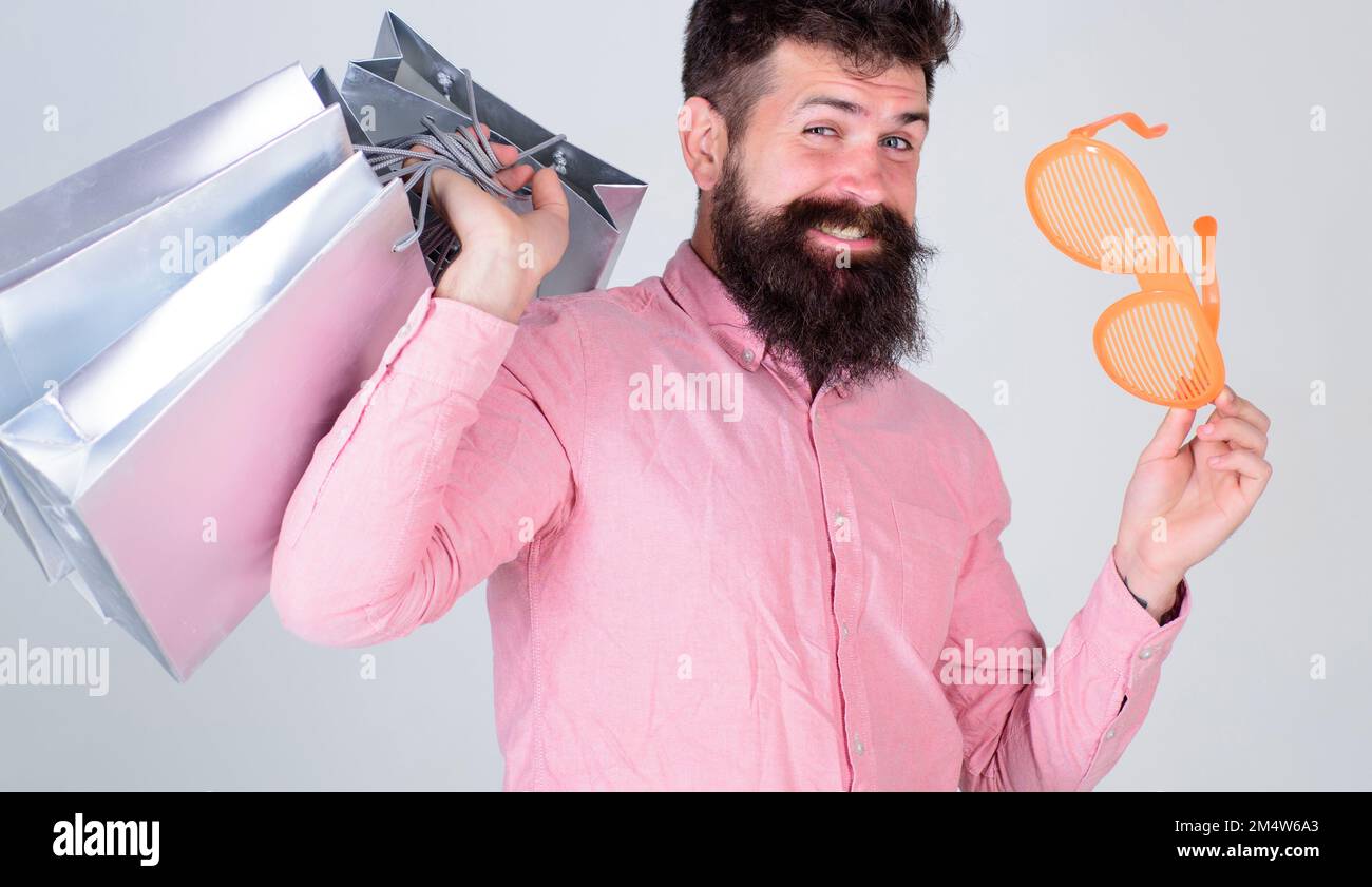 Man Carefree Bearded Hold Shopping Bags Shopping Dumb Wasting Money