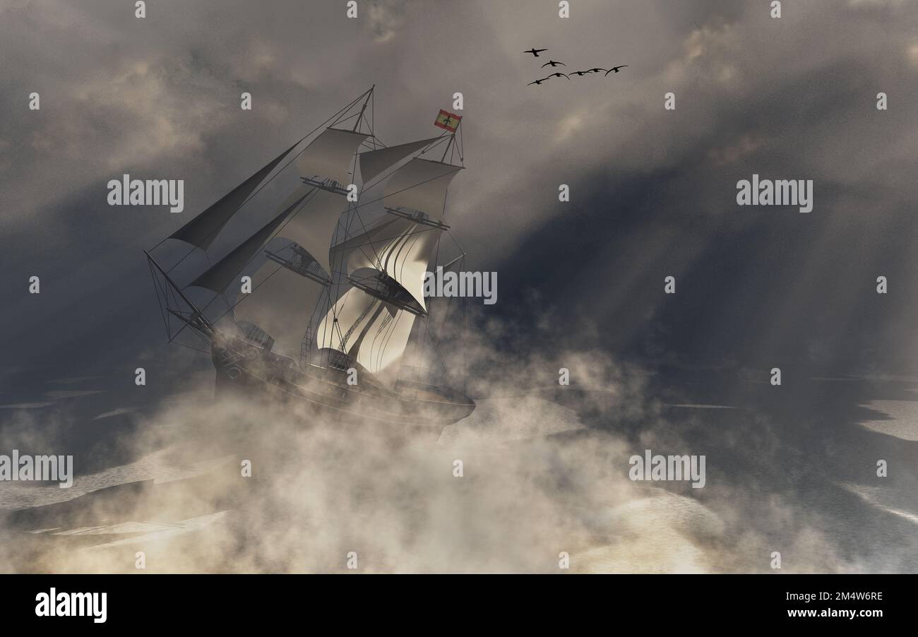 A Spanish Brig Sailing Through A Storm Stock Photo - Alamy
