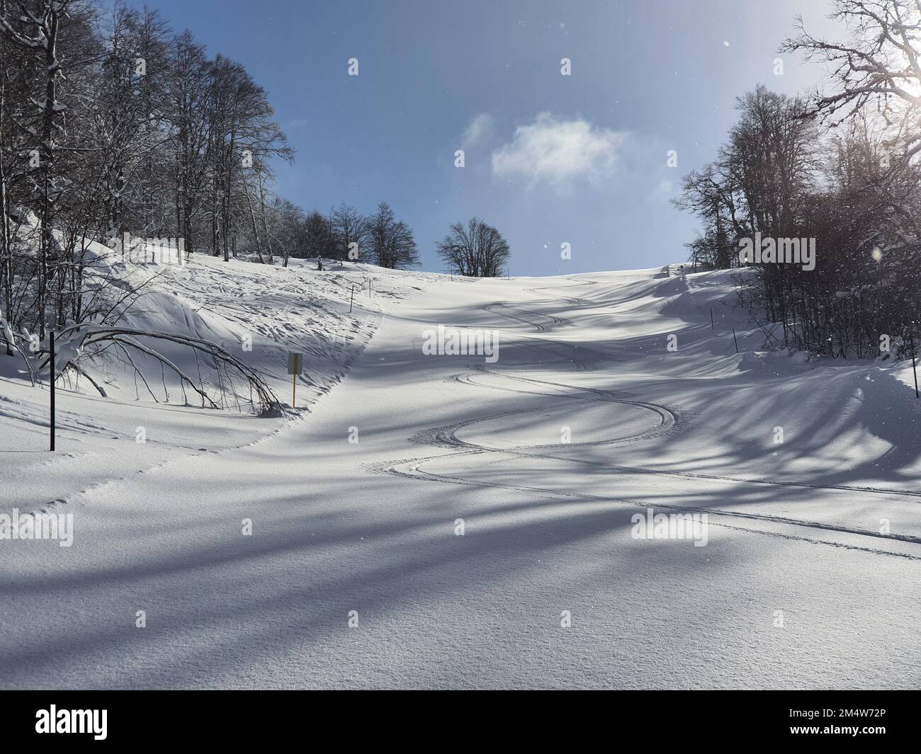 Traces of ski turns on a empty, fresh snow, ski course on a sunny day ...