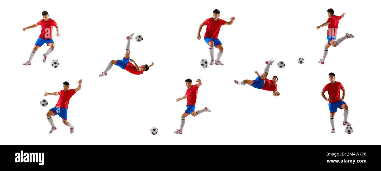 Collage of movements of young man, professional male soccer, football ...