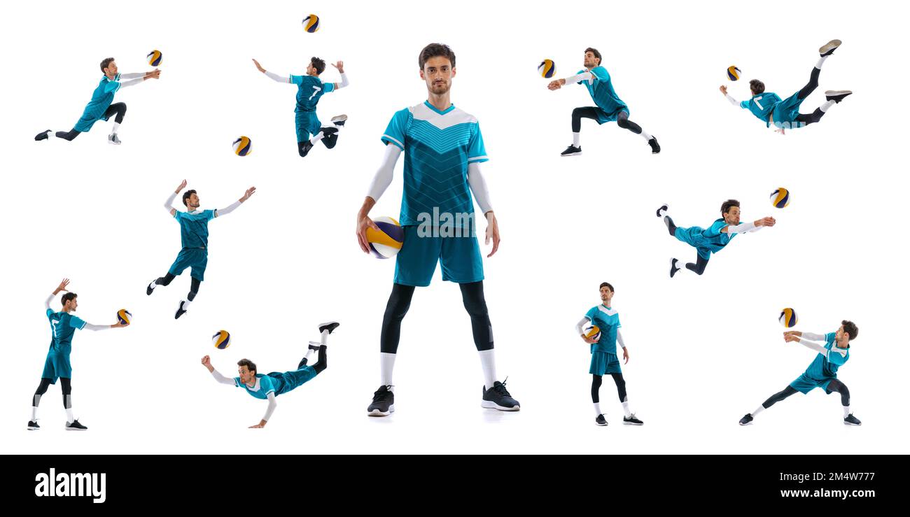 Collage of movements. Young man, volleyball player in motion, training ...