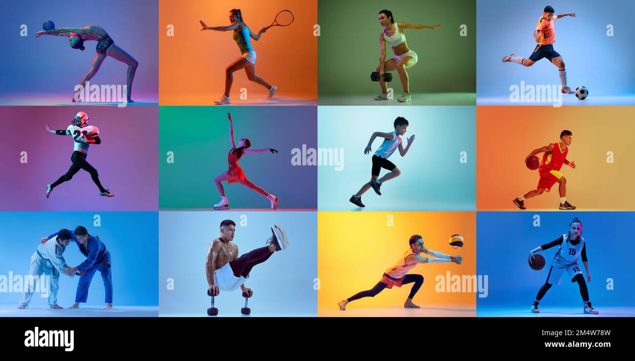 Collage made of portraits of diverse professional atheletes of ...