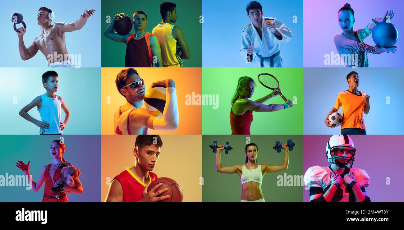 Collage made of portraits of diverse professional atheletes of ...