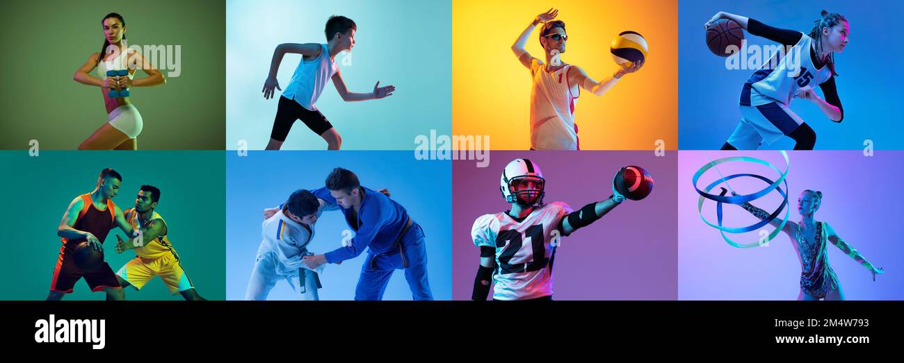 Collage made of portraits of diverse professional atheletes of ...