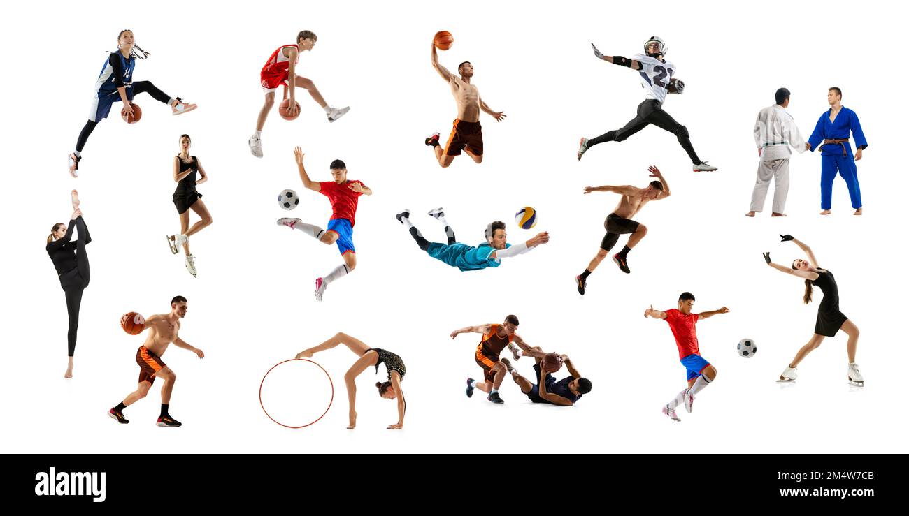 Collage of sportive people, adults and children doing different sports ...