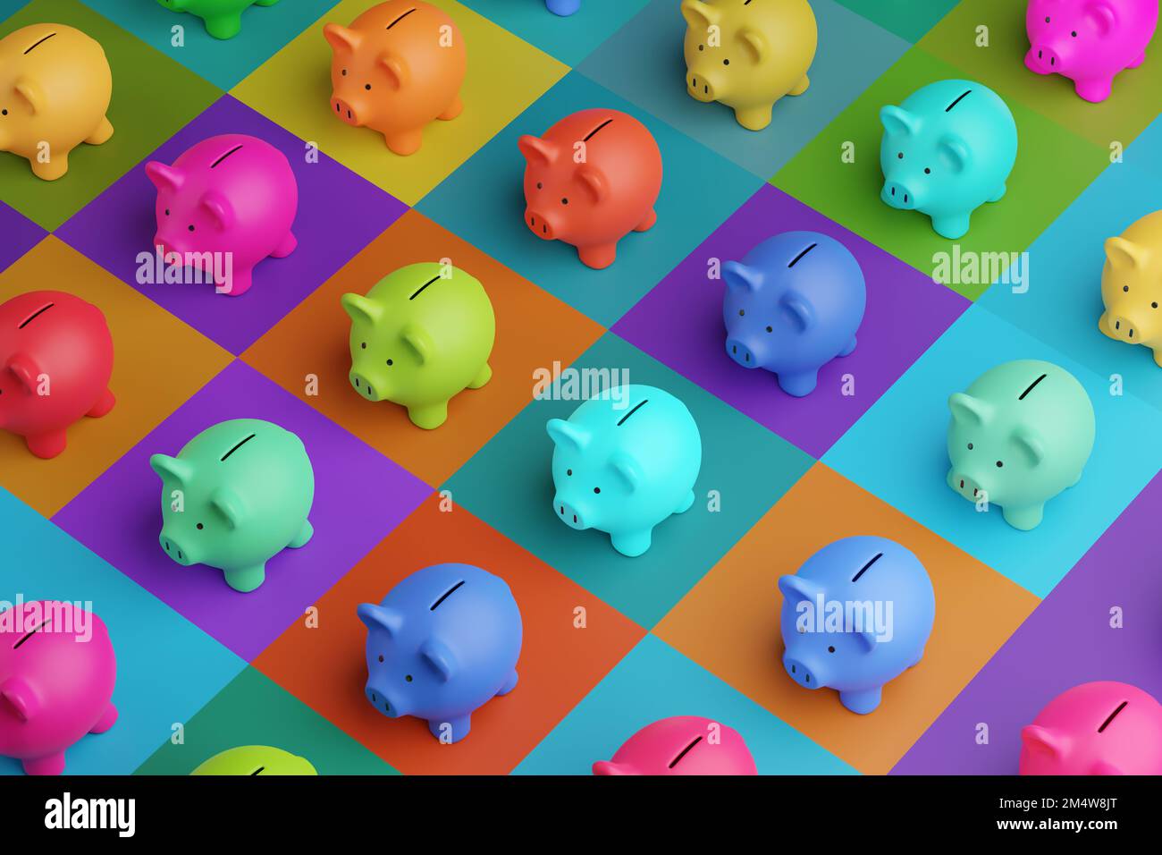 Array of piggy banks in saturated colours on high colour contrast ...