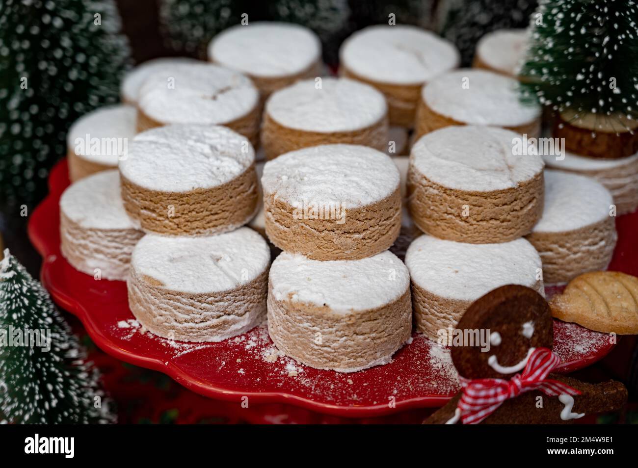 Christmas cookies and head of smiling fresh baked gingerbread man on ...