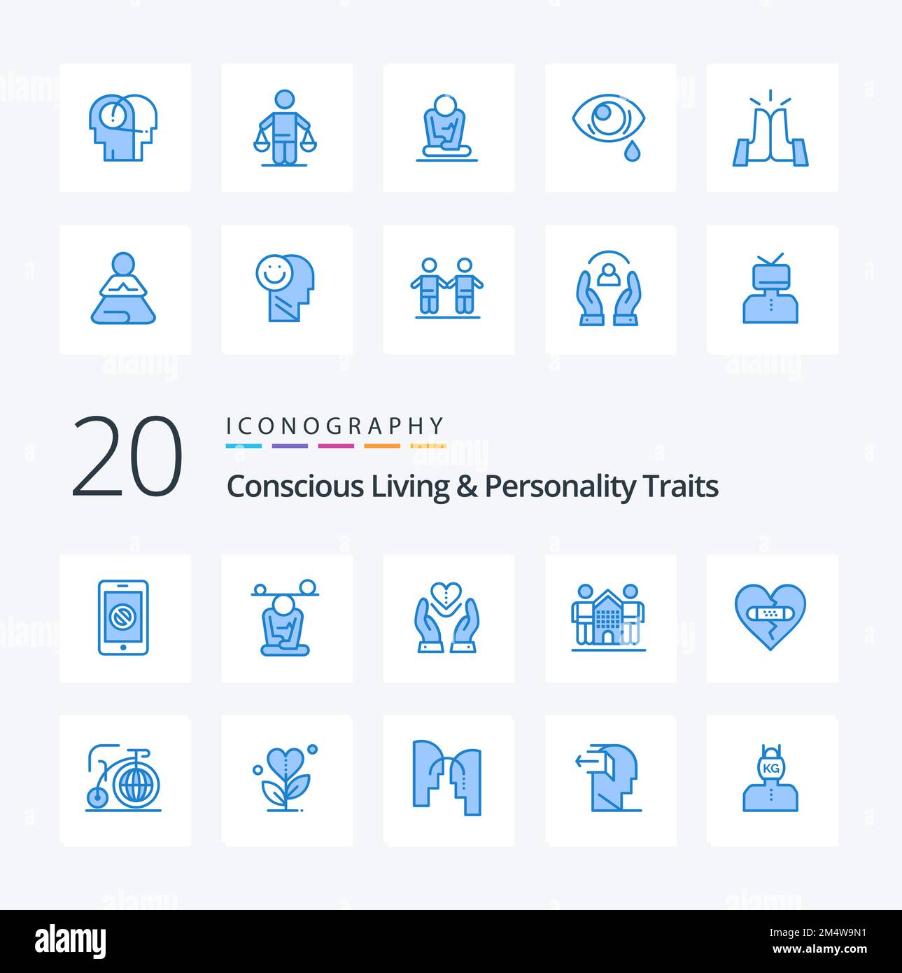 20 Concious Living And Personality Traits Blue Color Icon Pack Like
