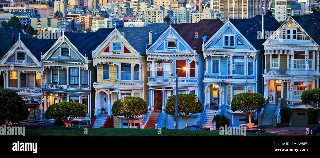Famous Painted Ladies of San Francisco, California sit glowing amid the ...