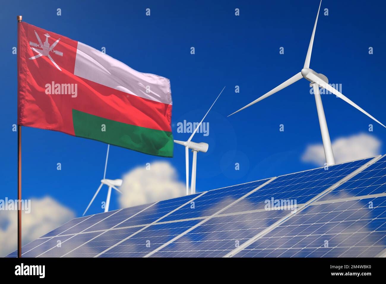 Oman renewable energy, wind and solar energy concept with wind turbines ...