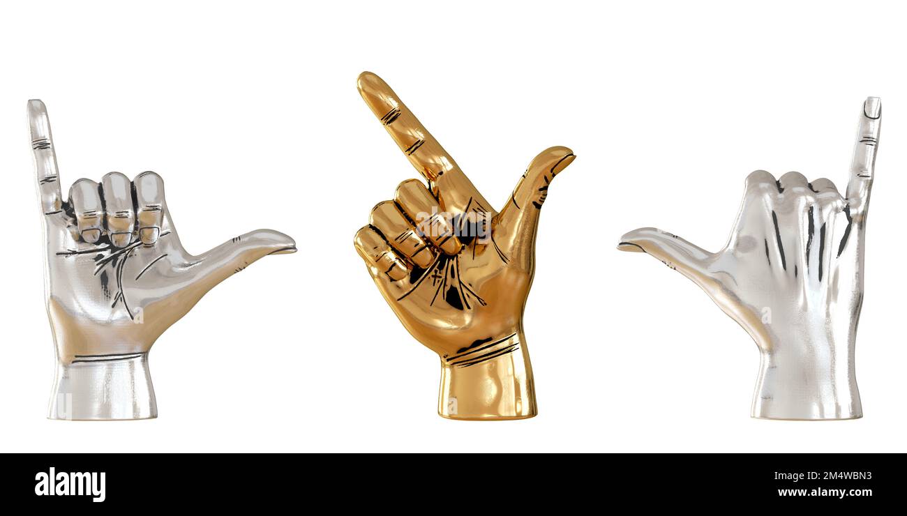 Metal figurine hand. Hands gesturing with fingers. Metal chrome wrist ...