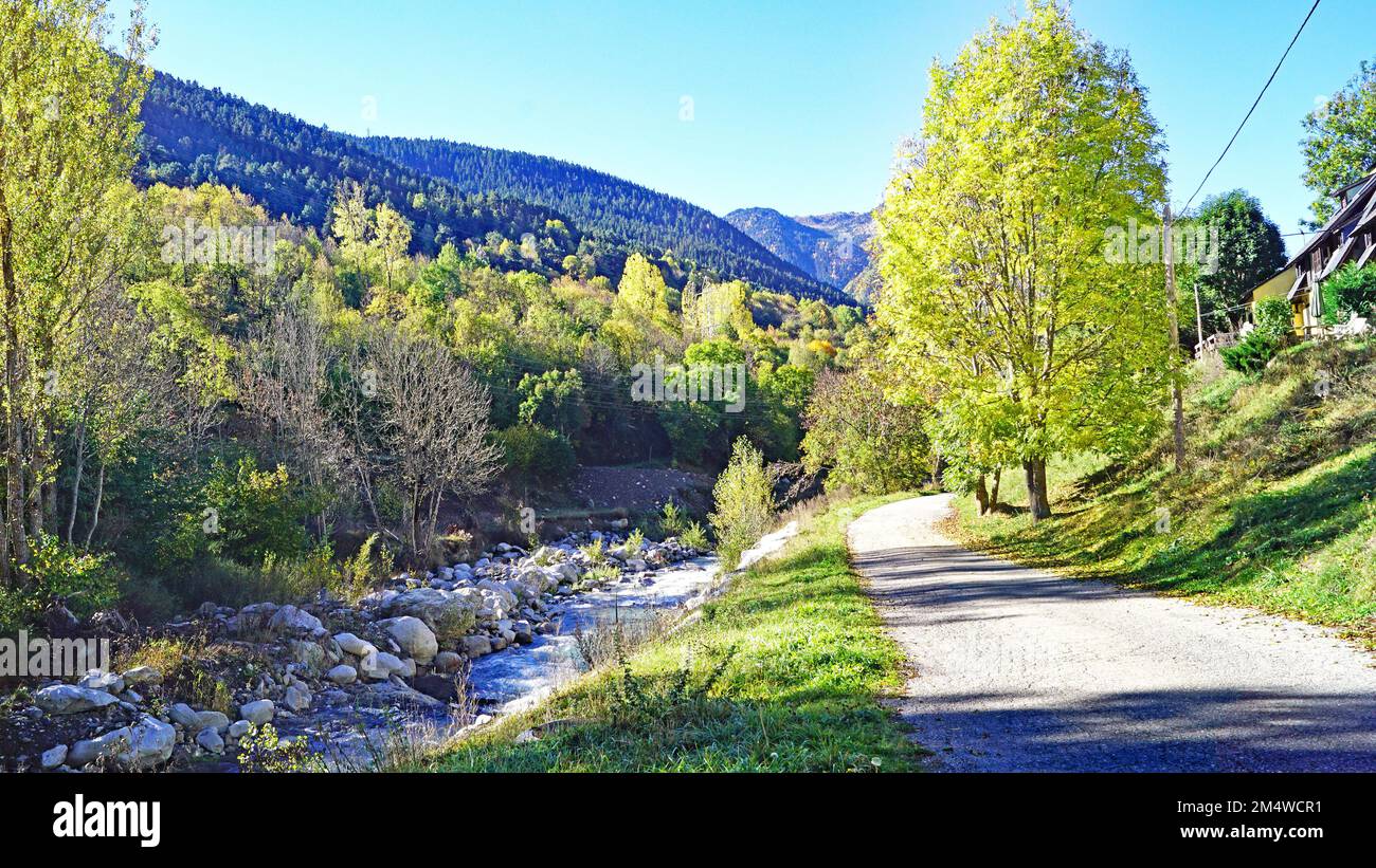 Garona River as it passes through Vielha, Valle de Aran, Lleida ...