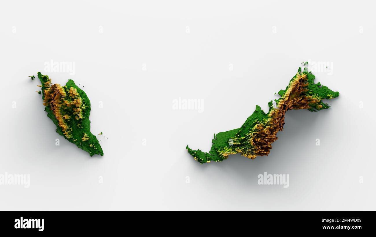A 3d illustration of Malaysia Map Shaded relief Color Height map on ...