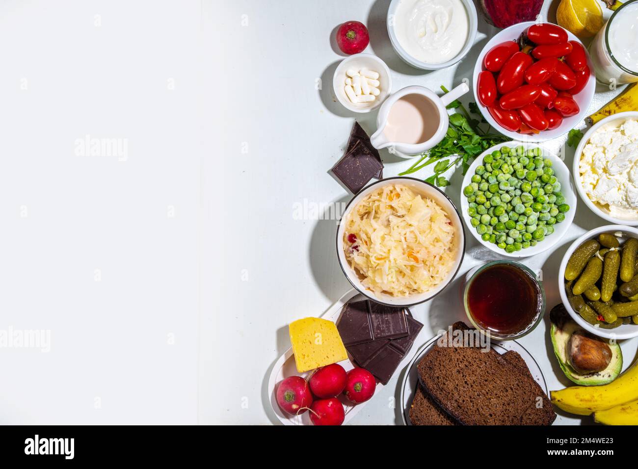 Postbiotic, prebiotic and probiotic food with medicine capsules. Set ...