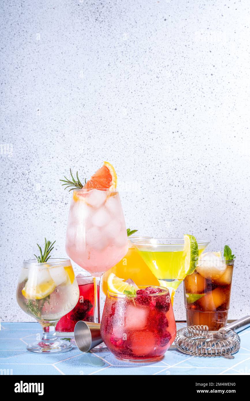 Summer bar cocktails menu. Set of different glasses variations of ...
