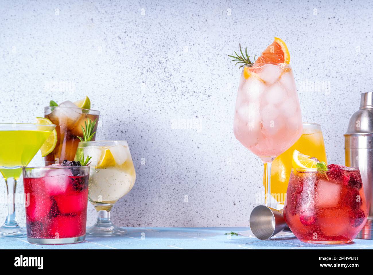 Summer bar cocktails menu. Set of different glasses variations of ...