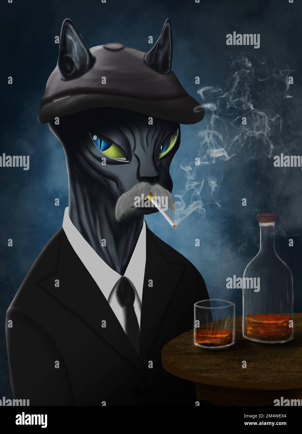 Digital painting of a gangster cat in black suit and cap sitting at the ...