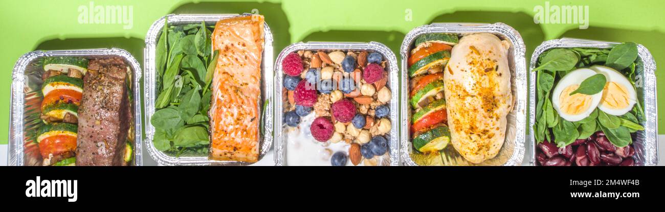 Healthy catering menu, courier food delivery lunch boxes. Beef steak ...