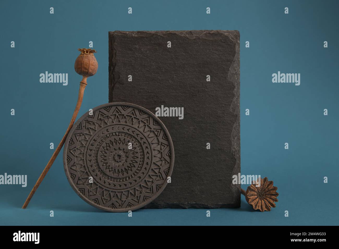 Abstract nature scene of stones, Dried Poppy Seed. Dark Blue background ...