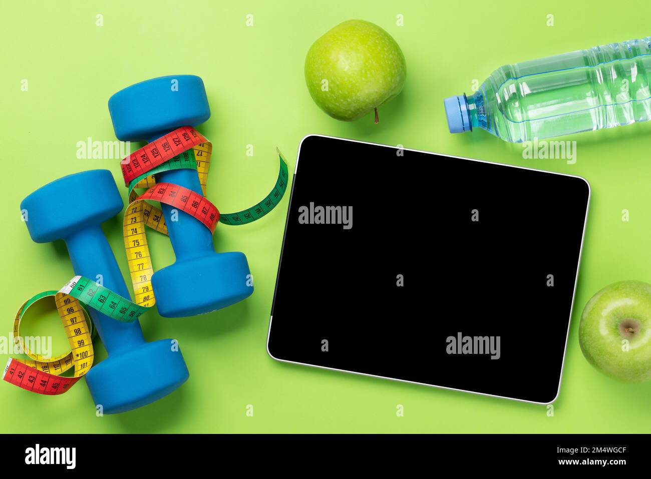 Fitness and healthy diet concept. Flat lay with tablet for your fitness ...