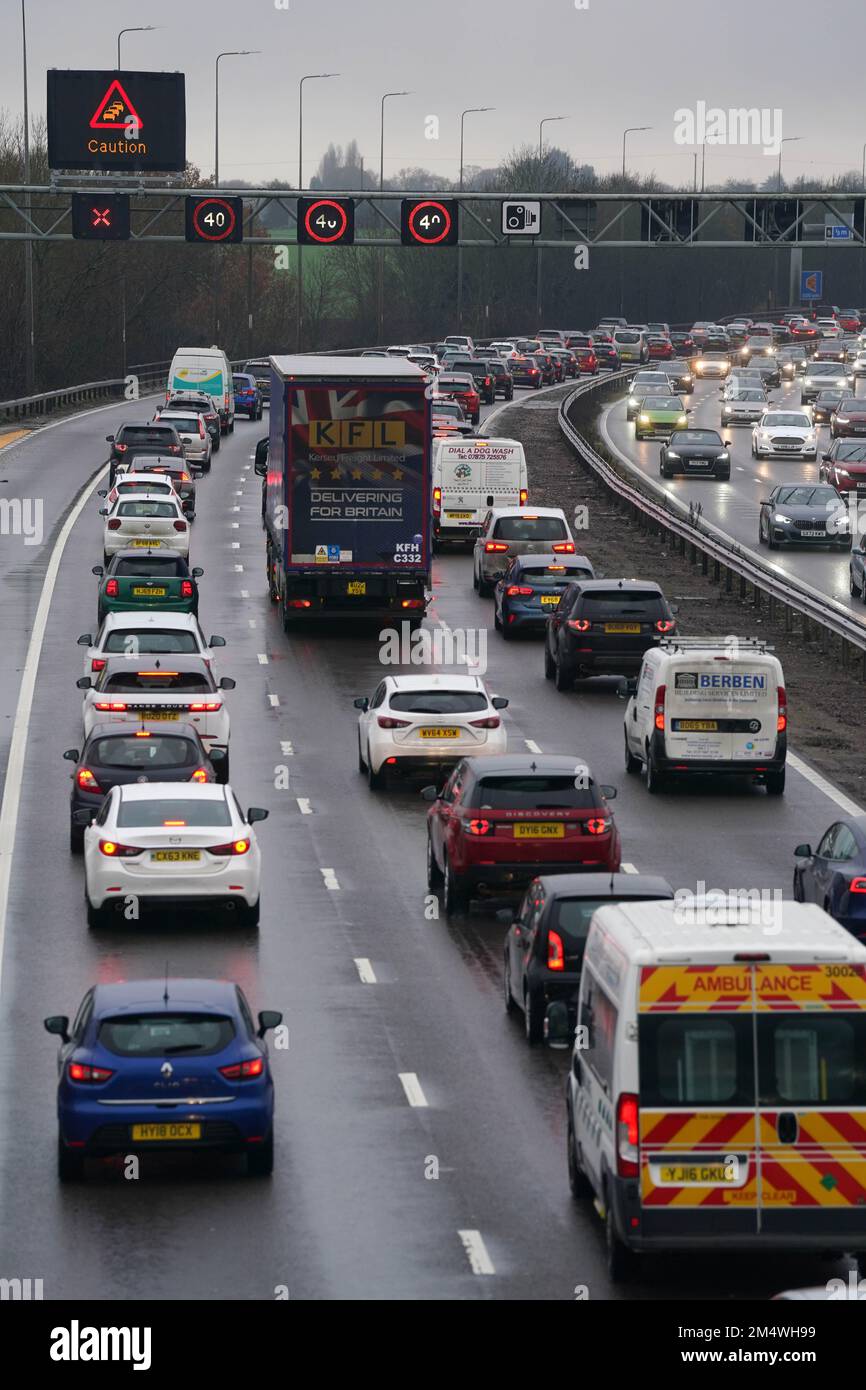 Traffic on the M42 near Birmingham. Many drivers are battling a band of ...