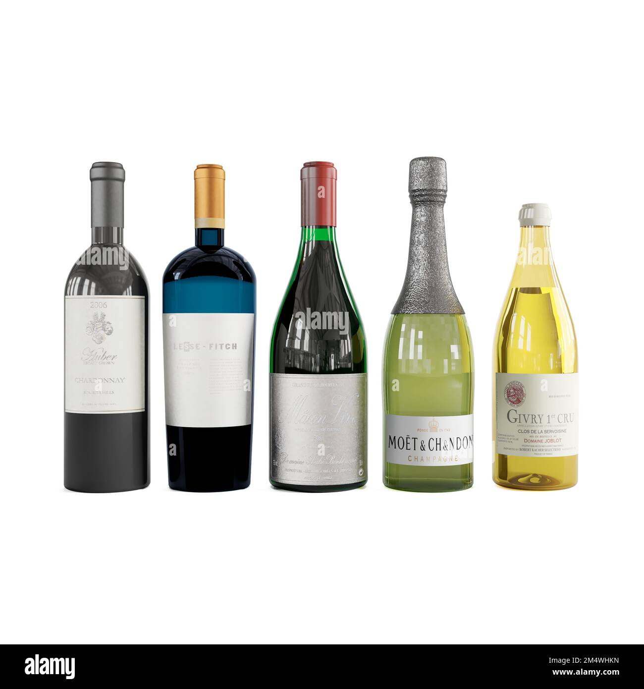 A group of bottles of wine next to each other on a white background ...