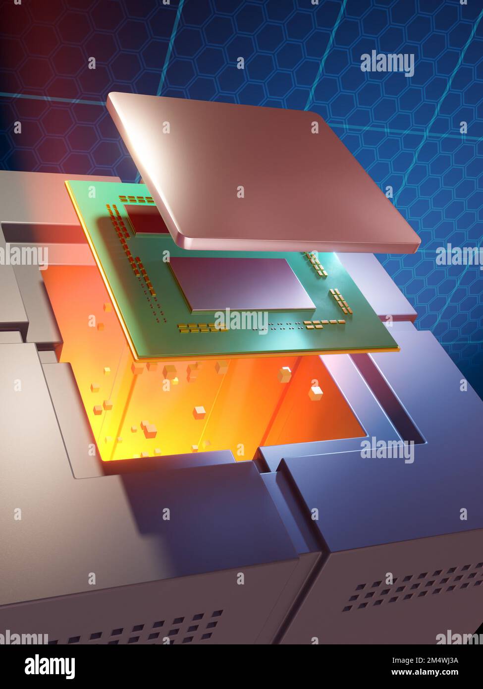 Modern CPU in a futuristic environment. Digital illustration, 3D ...