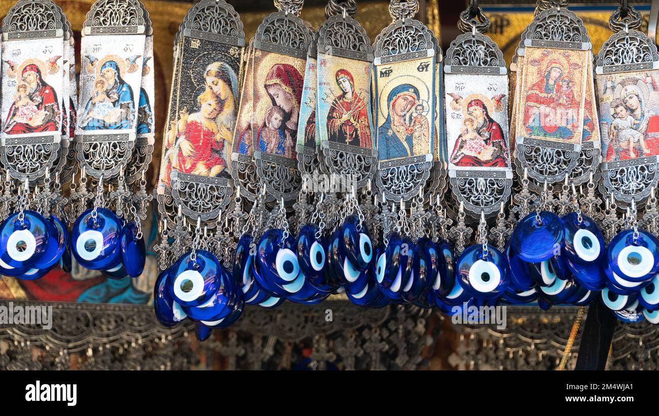 Souvenir shop in House of Virgin Mary, Turkey. Evil eye beads in ...