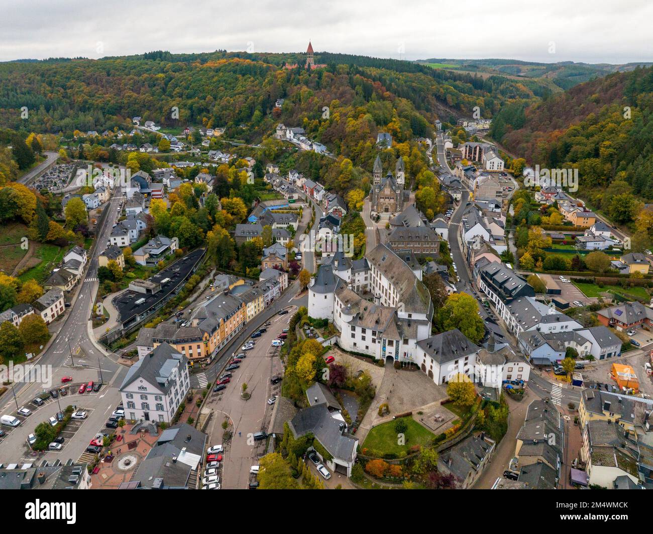Aerial drone Shot of town CLervaux on the north of Luxembourg. Twilight ...