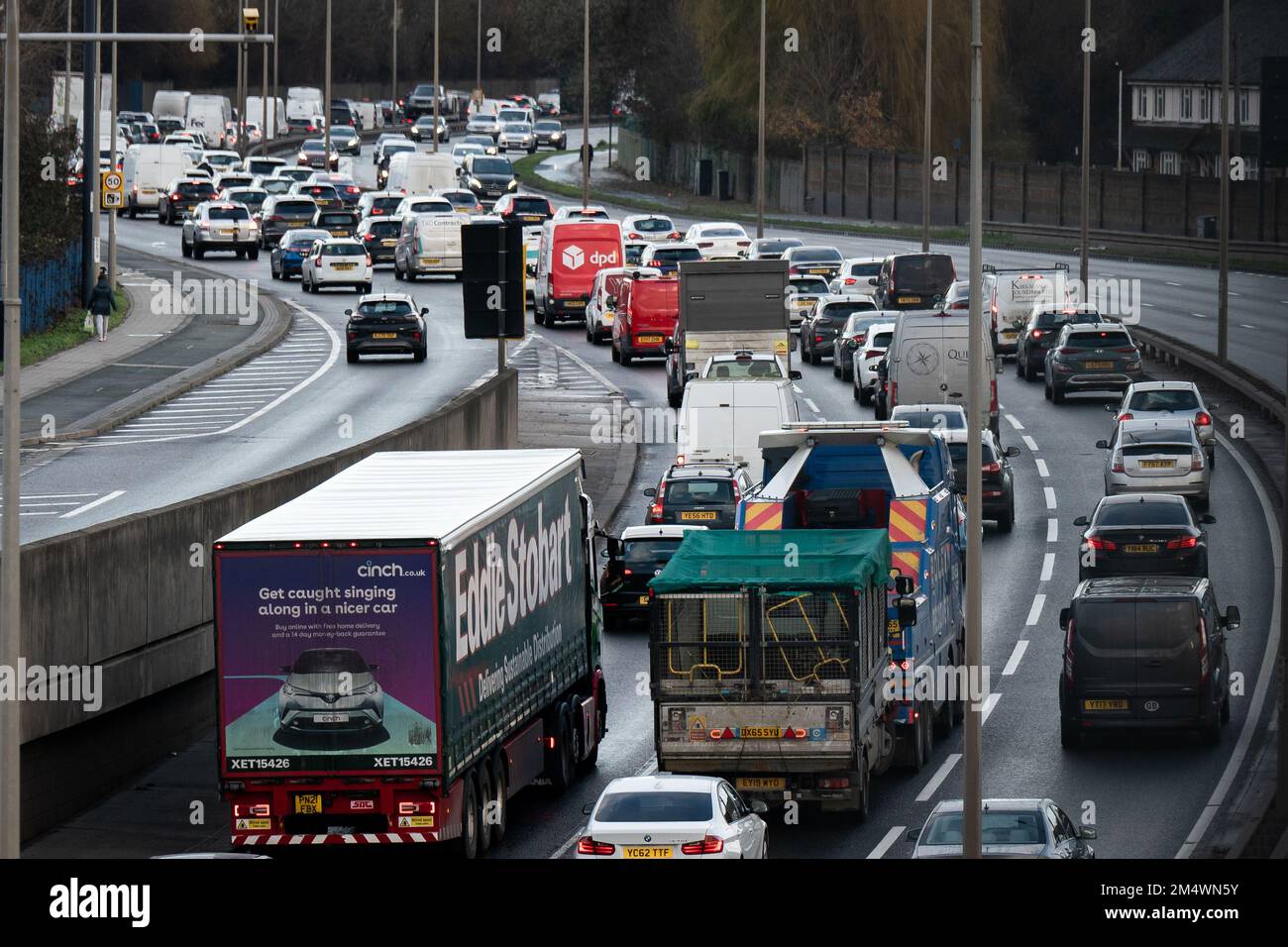 Traffic on the A13 in London. Many drivers are battling a band of heavy ...