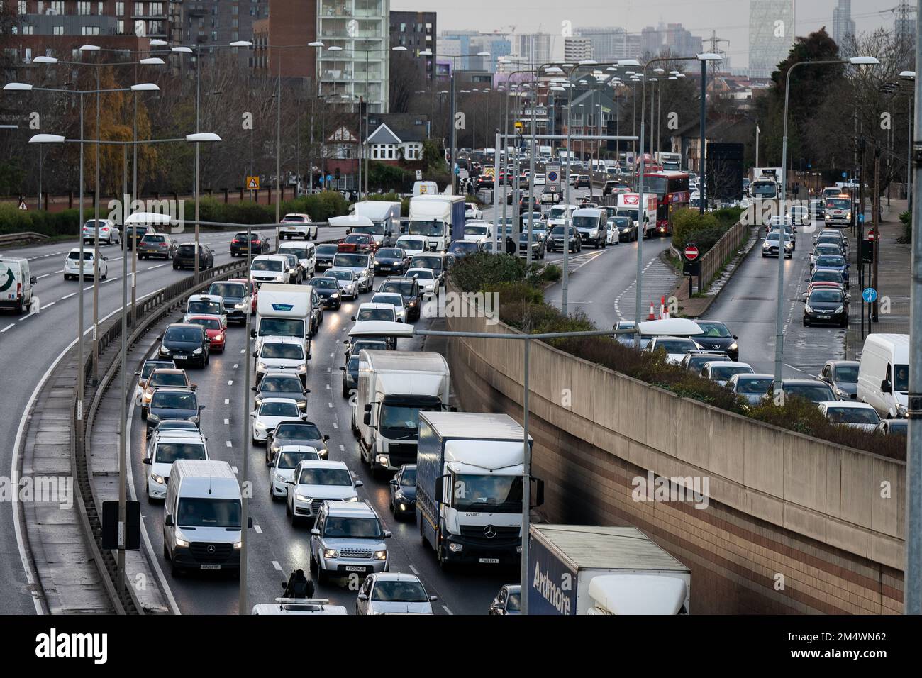 Traffic on the A13 in London. Many drivers are battling a band of heavy ...