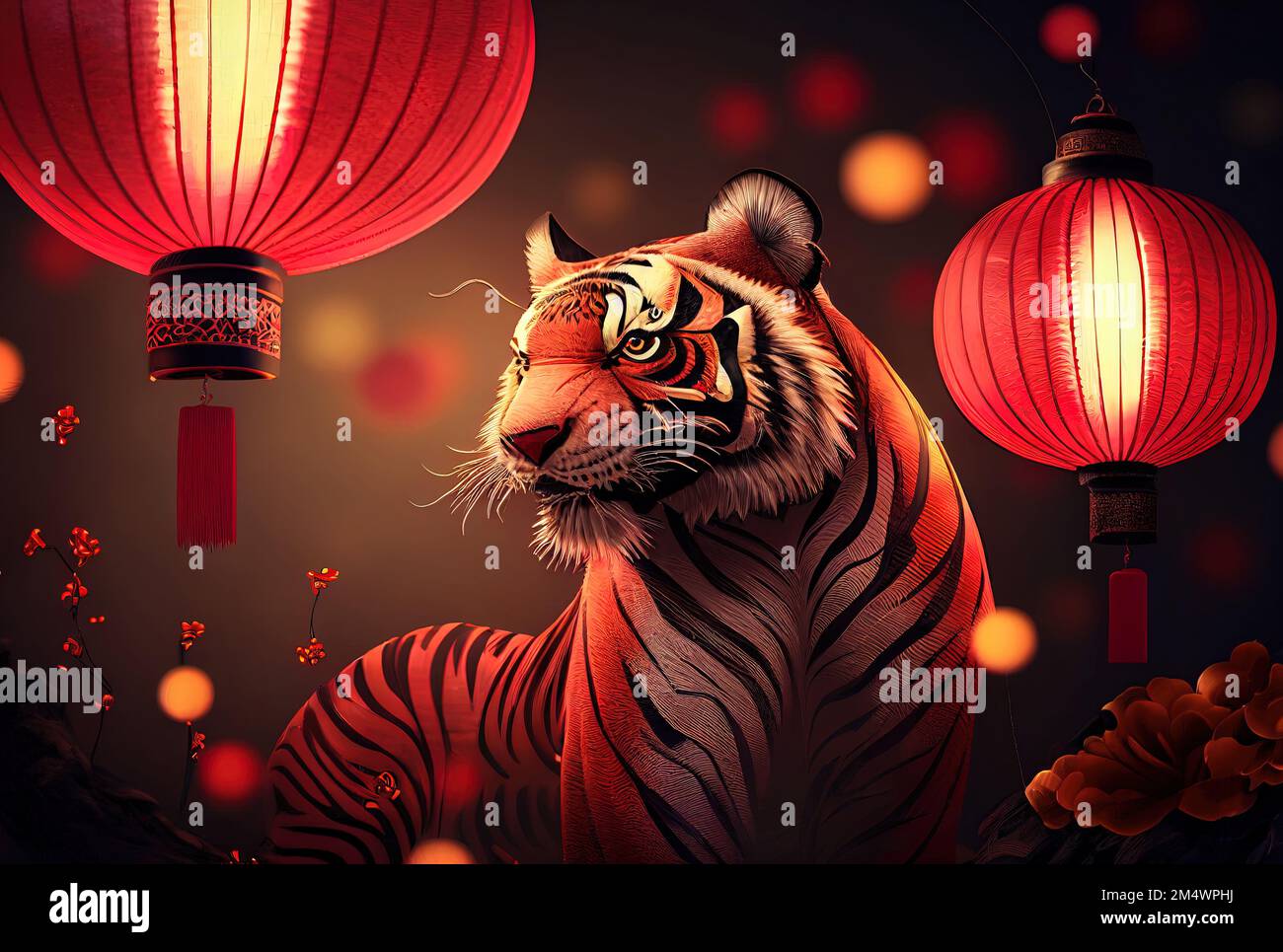 Tiger against the background of fireworks and paper lanterns as a ...