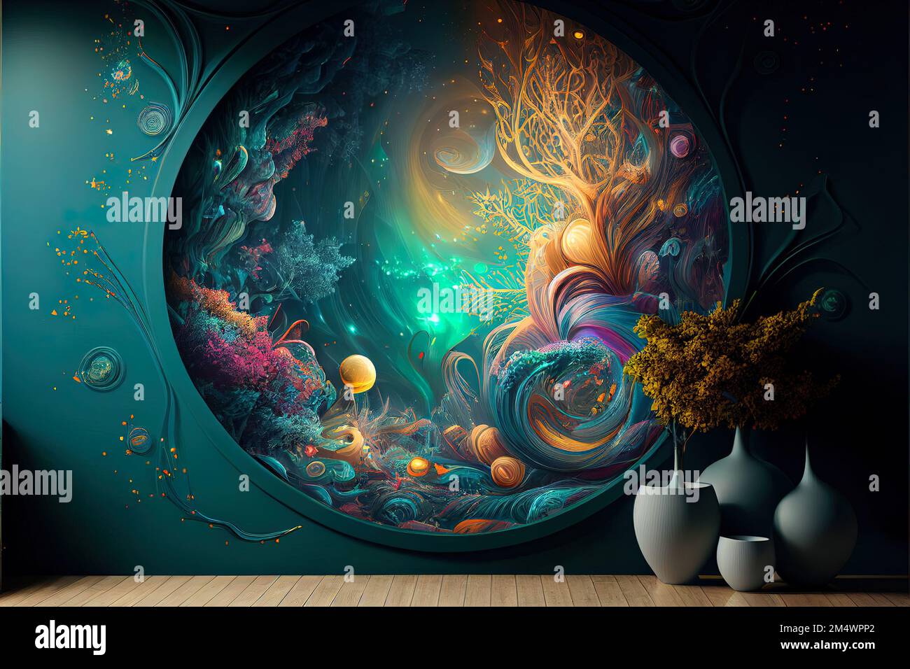 fantastic design creative interior with a portal on the wall leading to ...