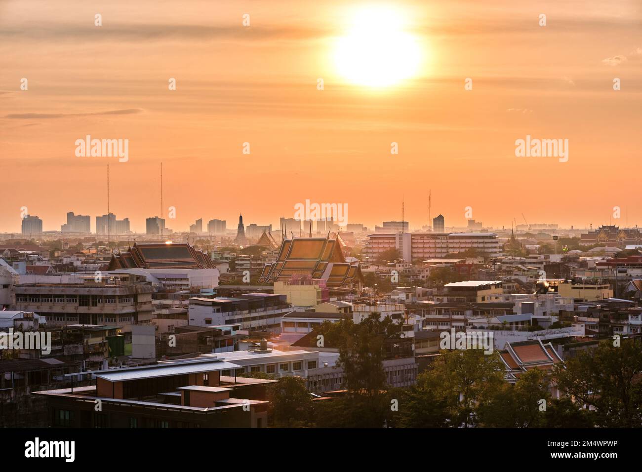 Cityscape of Bangkok city center in sunset, downtown, temples, Thailand ...