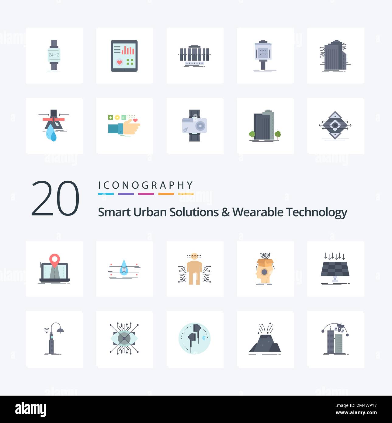 20 Smart Urban Solutions And Wearable Technology Flat Color icon Pack ...
