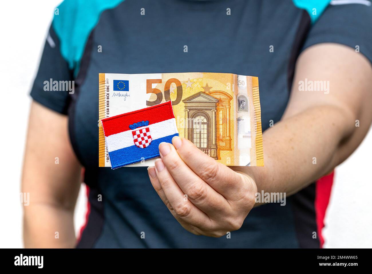Croatian woman holding a flag in front of her. The symbol of Croatia ...