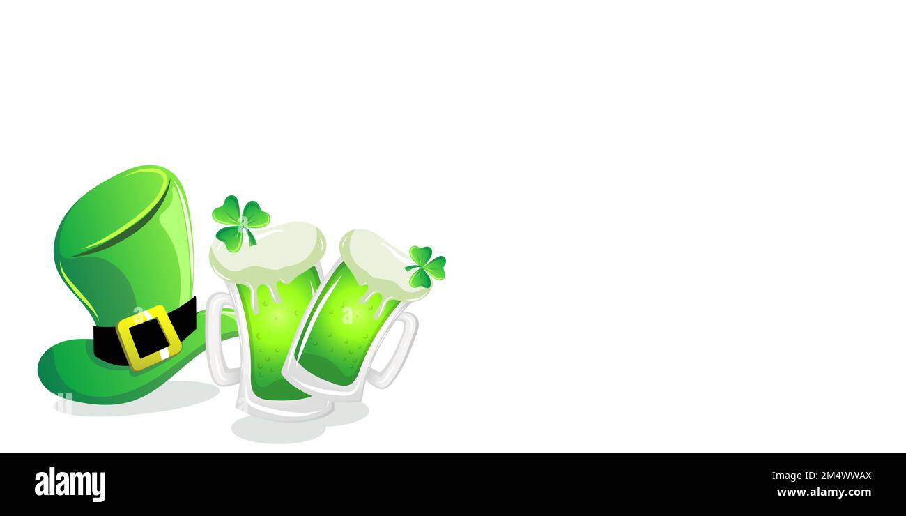 st patricks hat illustration with green beers - Saint patrick theme banner theme Stock Photo - Alamy