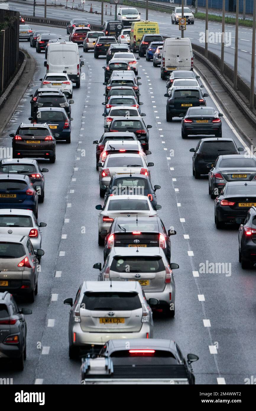 Traffic on the A13 in London. Many drivers are battling a band of heavy ...