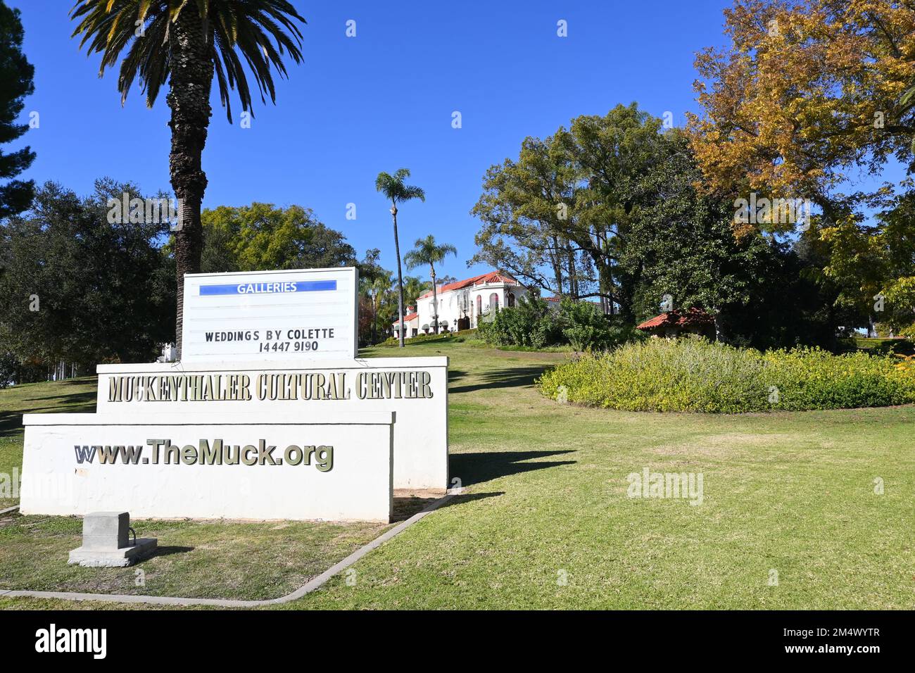 FULLERTON, CALIFORNIA - 21 DEC 2022: Sign at the Muckenthaler Cultural ...