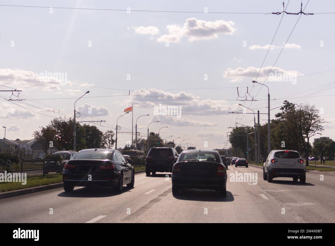 Highway wide road, transport and blue sky with clouds on a summer day ...
