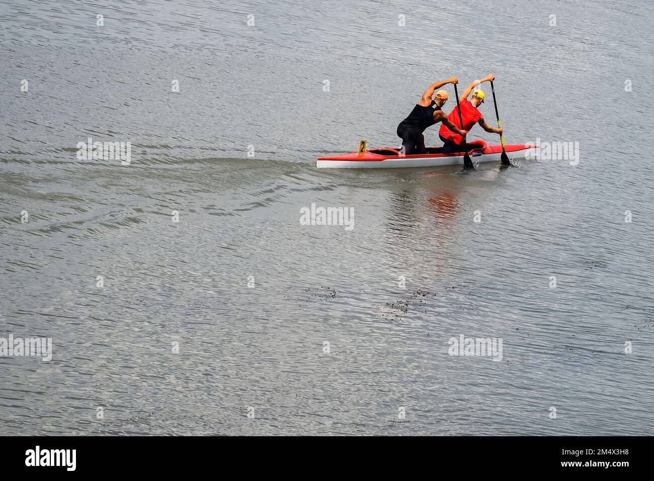 Two athletes are sailing canoe on river, controlling oars. Active ...