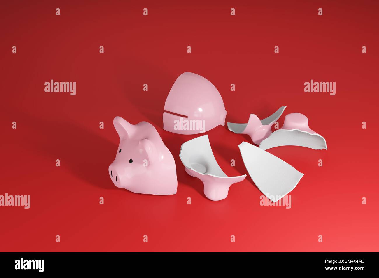 Broken pink piggy bank on red background. Illustration of the collapse ...