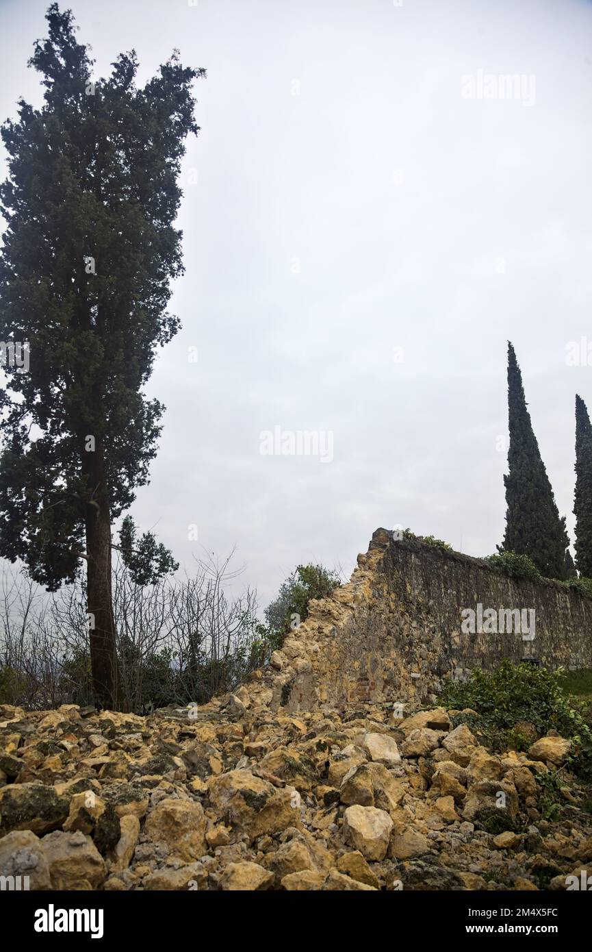 Opening in a stone wall partly blocked by a cypress with debris all ...