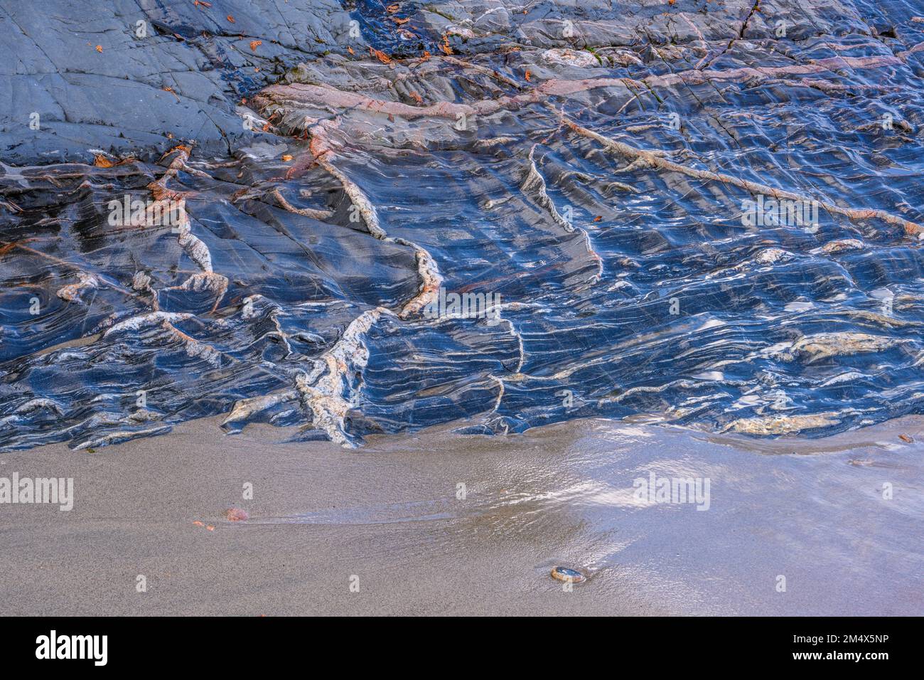 Incoming waves, wet sand and a rock outcrop with igneous intrusions ...