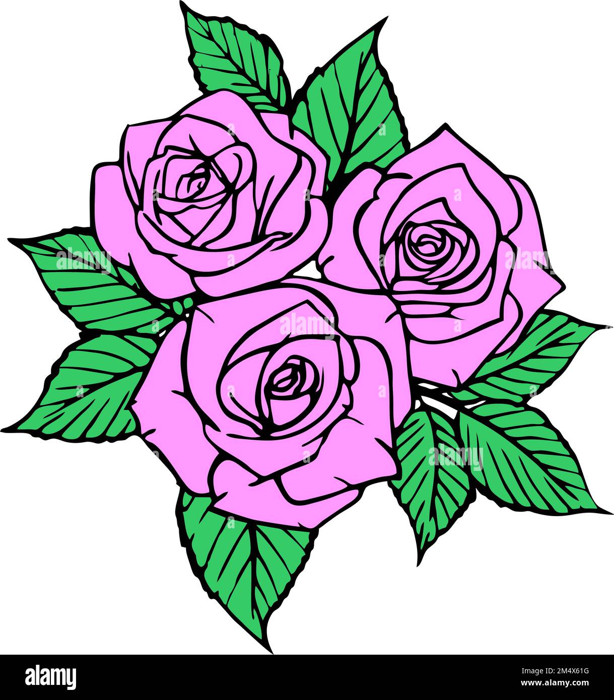 color drawing of a bouquet of three pink roses with a black outline on ...