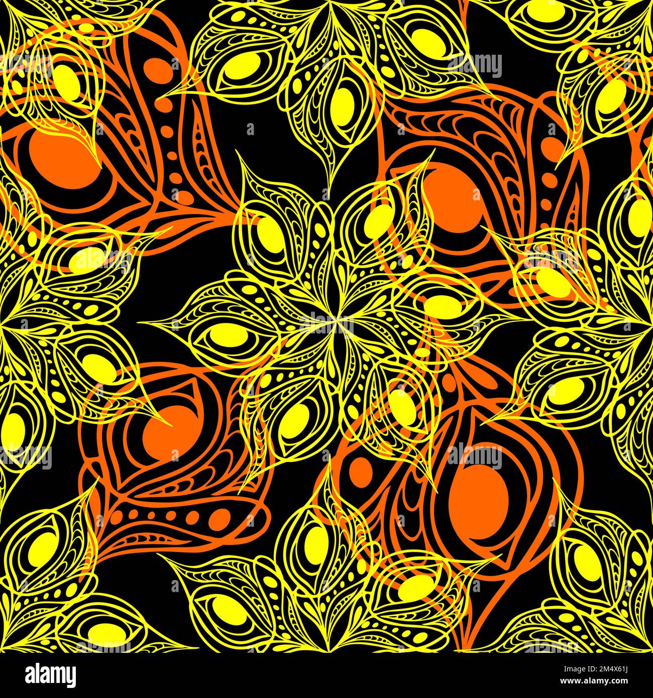 seamless pattern of abstract yellow-red graphic elements on a black ...