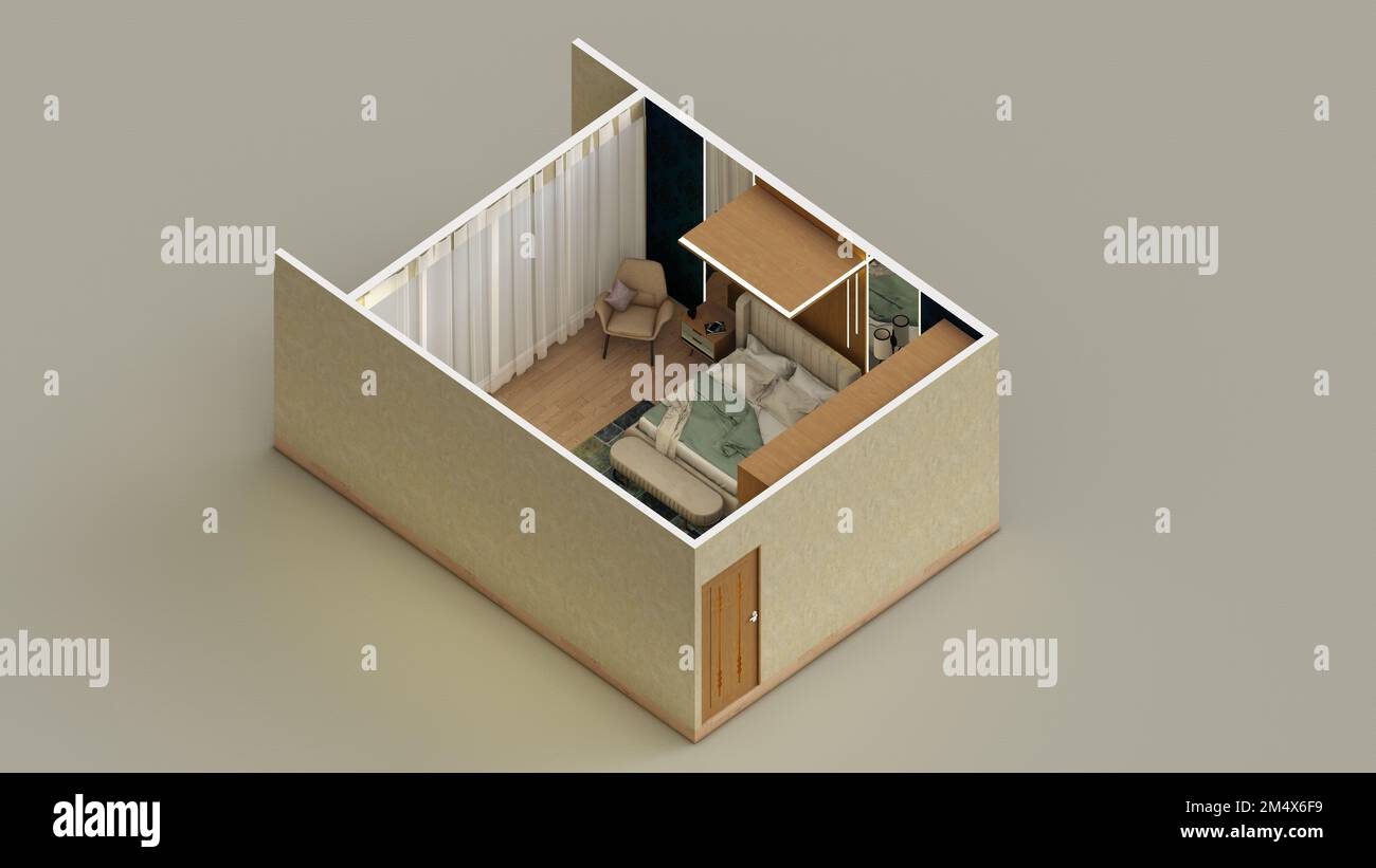 Contemporary style Bedroom with closet Isometric view Stock Photo - Alamy