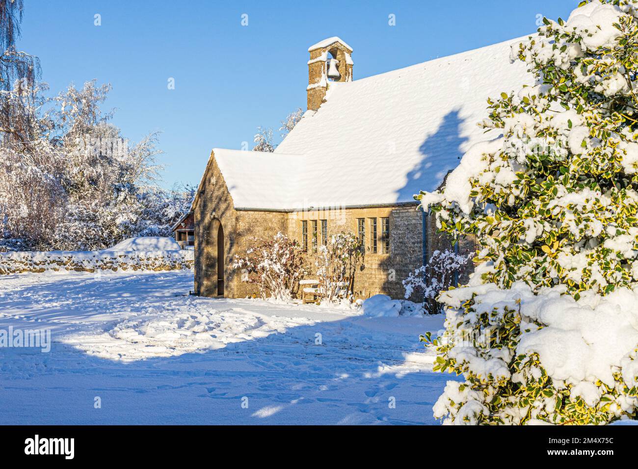 Early winter snow on the small stone church of St Mary in Hamlet (built ...