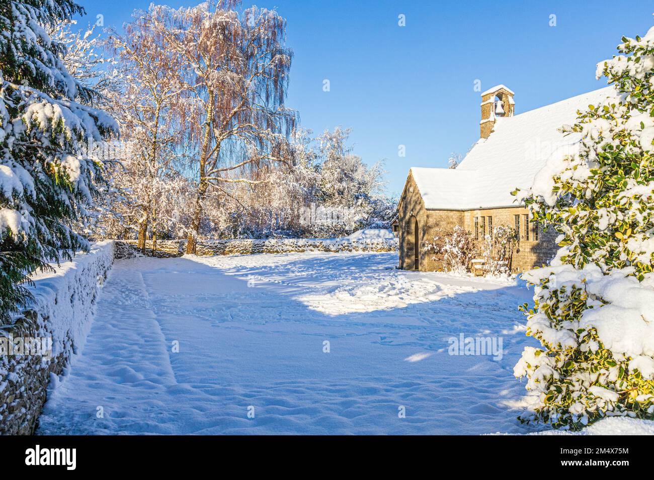Early winter snow on the small stone church of St Mary in Hamlet (built ...