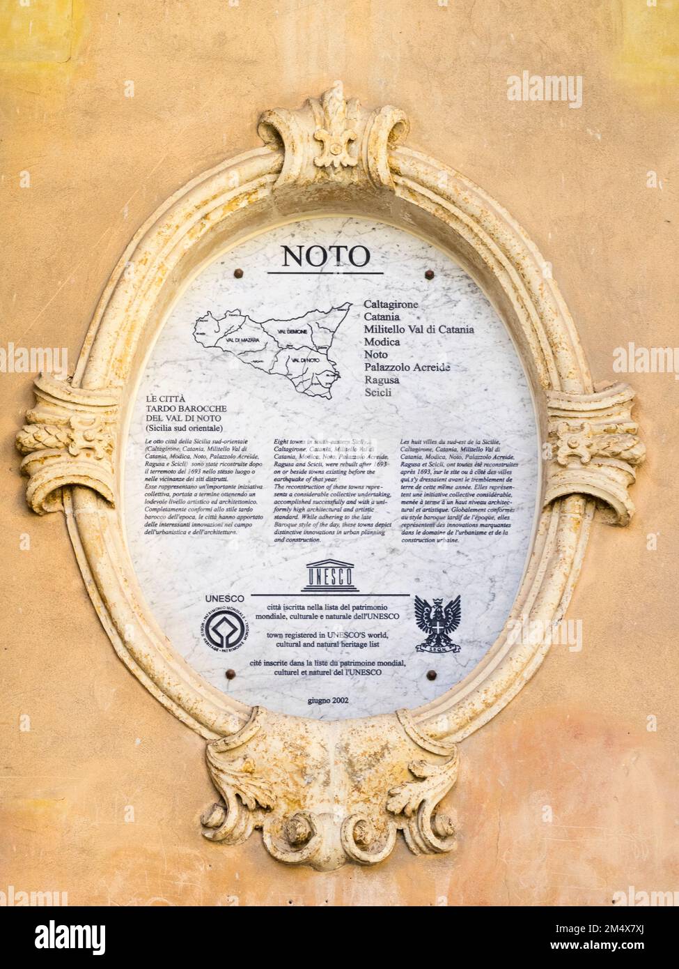 Commemorative plaque of Unesco Heritage Site, Noto, Sicily, Italy Stock ...